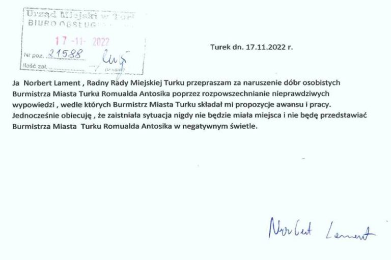 Radny Norbert Lament przeprasza burmistrza Turku | Turek24